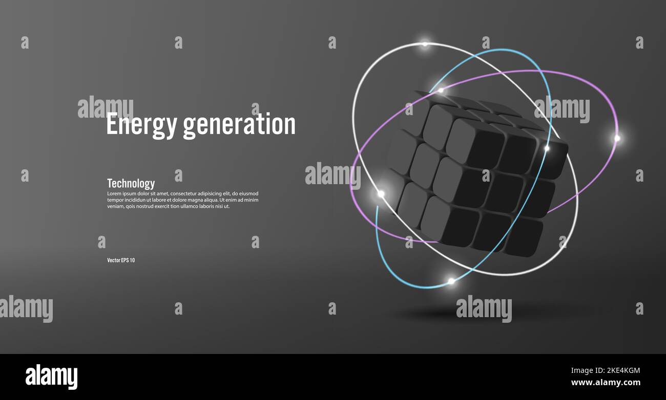 3d Render Black Cube Puzzle Of Smaller Cubes With Shiny Light Orbit Science Technology Abstract