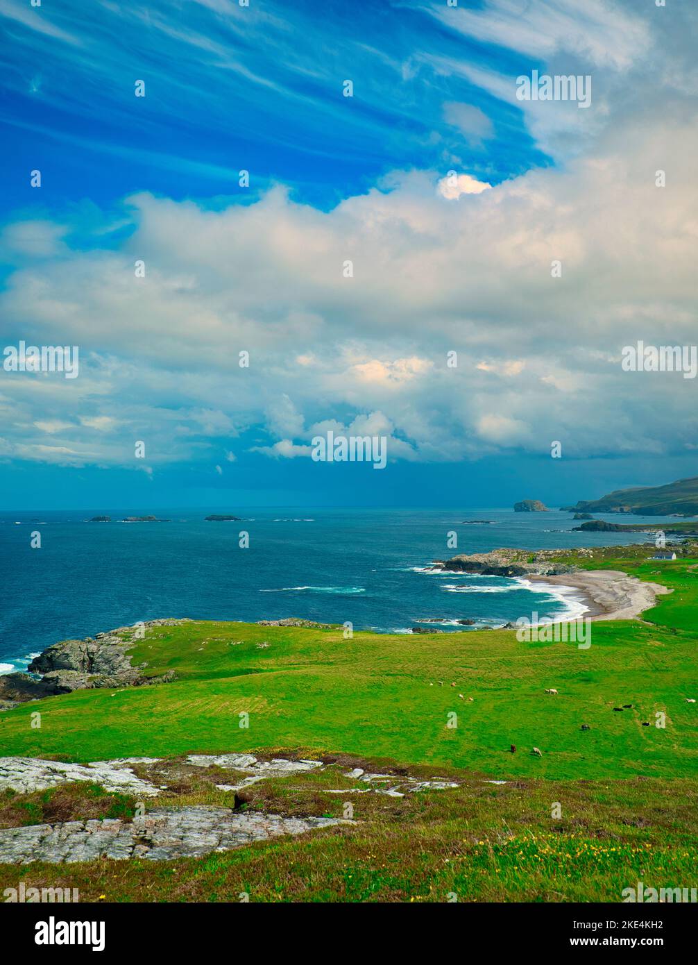 Wild rugged windswept remote Atlantic coast of the Inishowen Peninsula ...