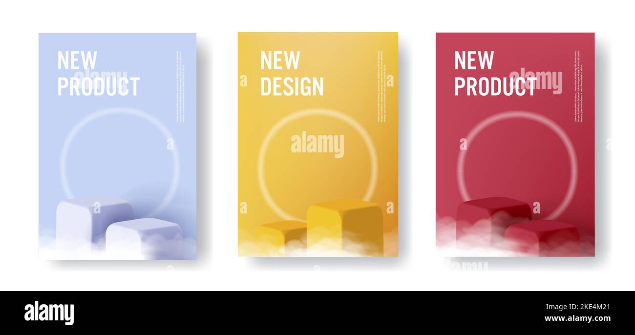 Set of posters with product pedestal, cubes in fog with neon glowing ...