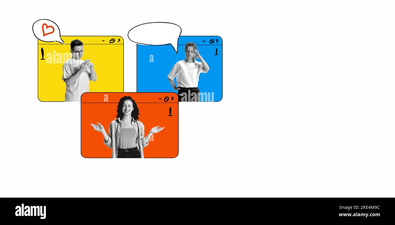 Contemporary art collage. Creative design. Young people, employees ...