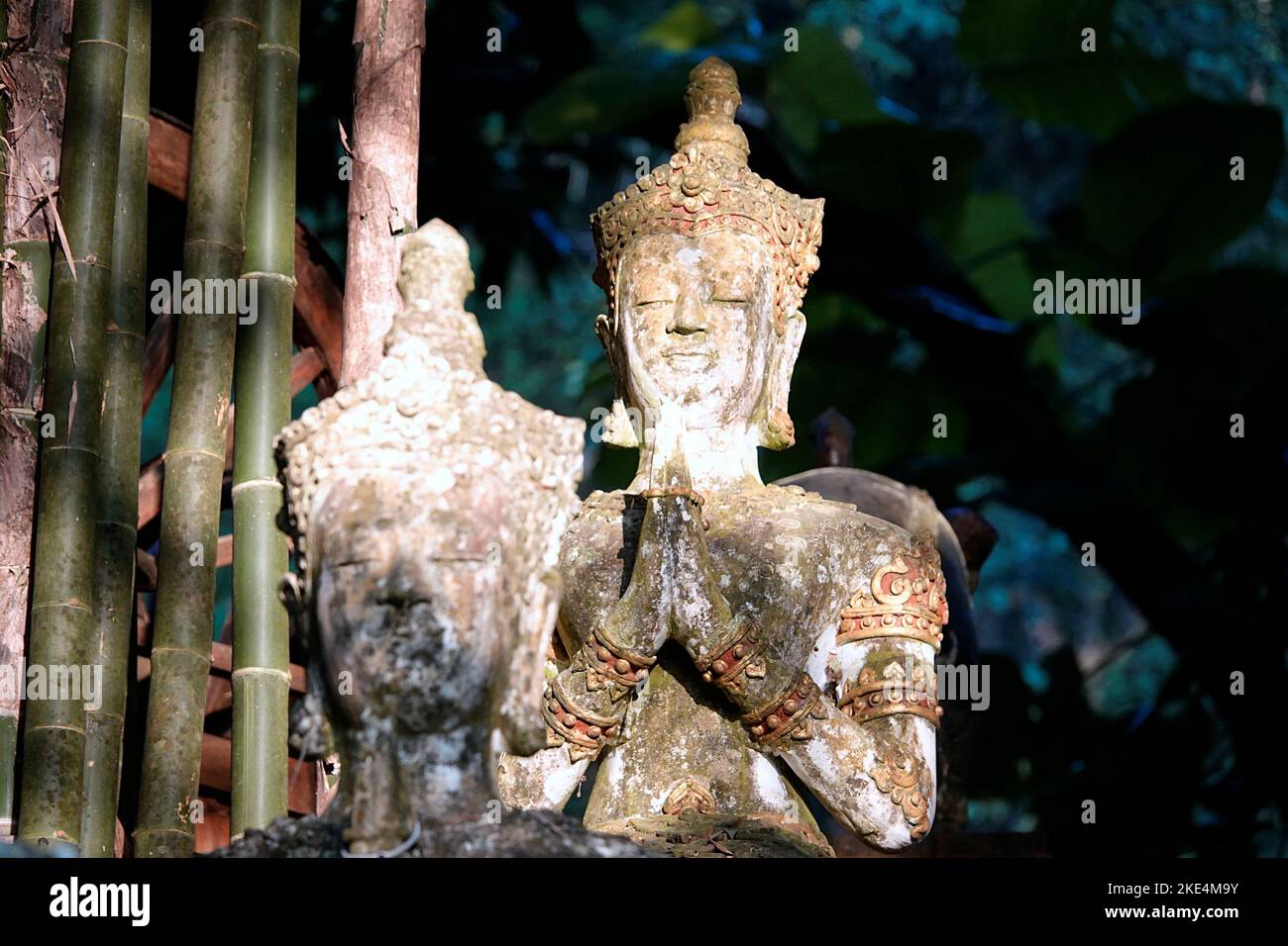 A selective focus shot of buddha statues under sunlight against blur ...