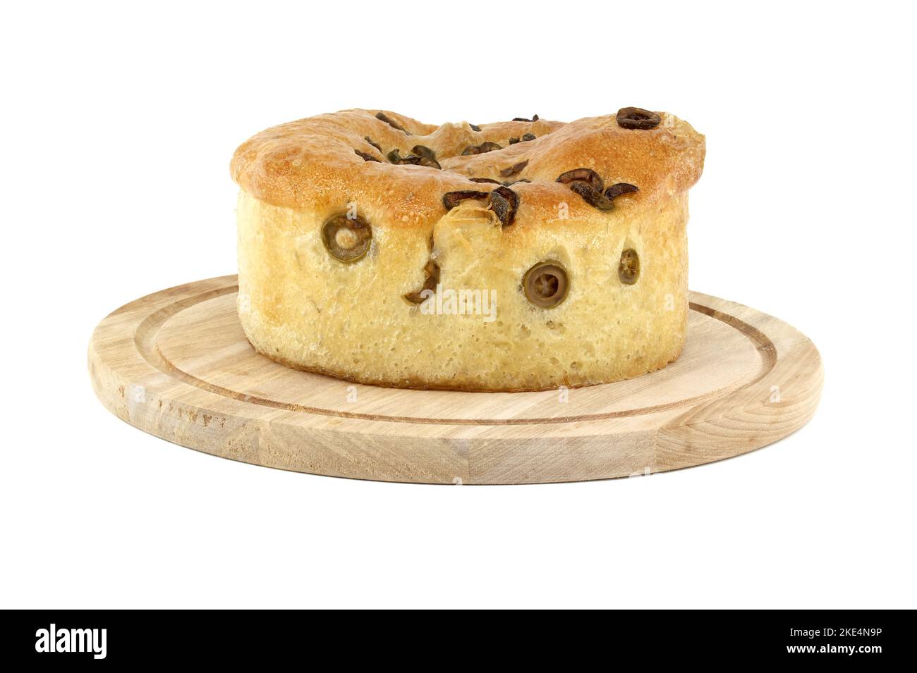 Round focaccia bread with olives isolated on white background Stock ...