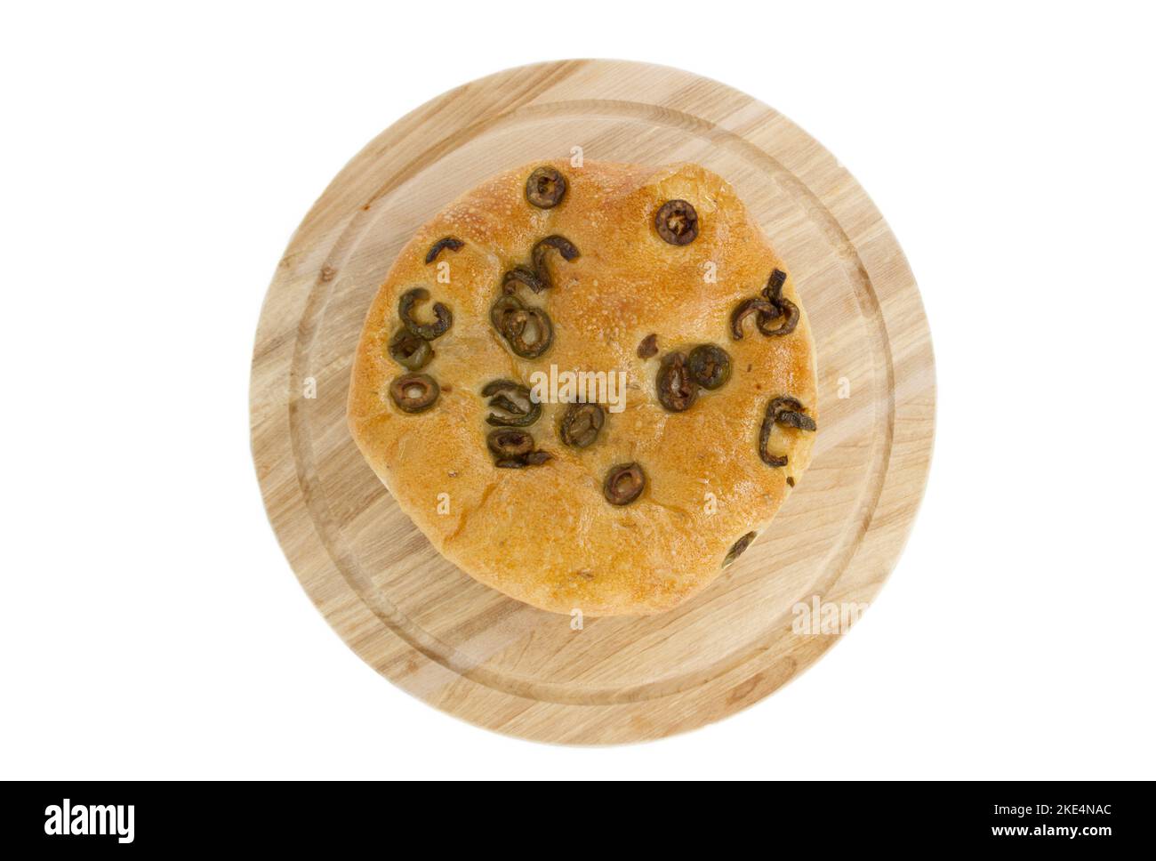 Round focaccia bread with olives isolated on white background, top view ...