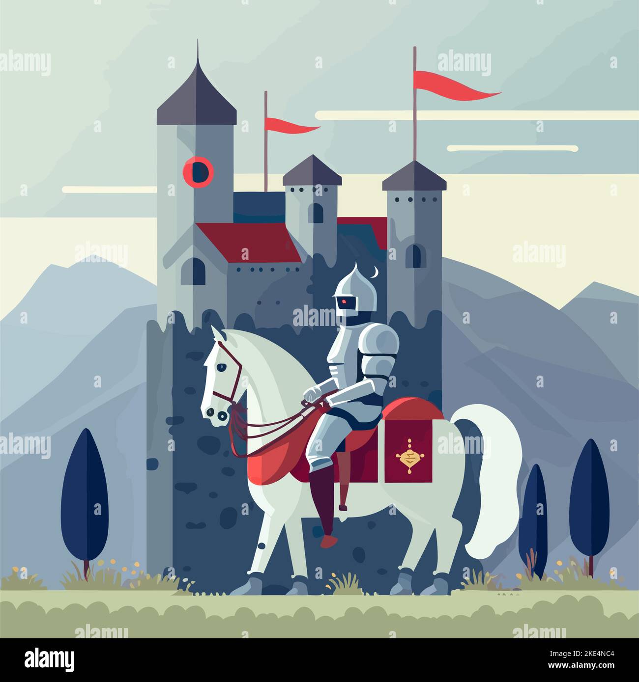 A colourful illustration of a medieval knight on a horse in front of a ...