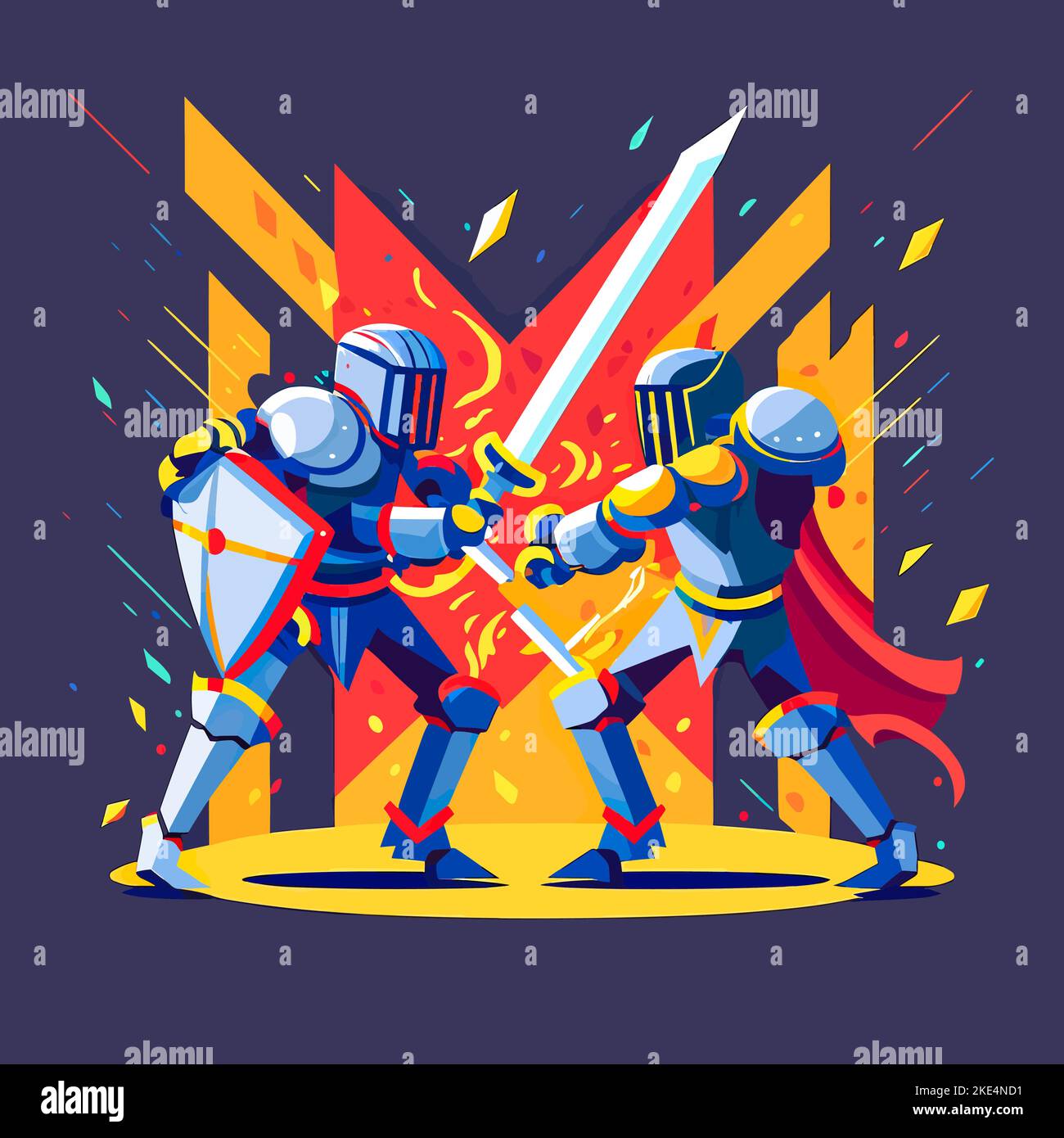 A colourful illustration of two knights fighting with a sword Stock ...