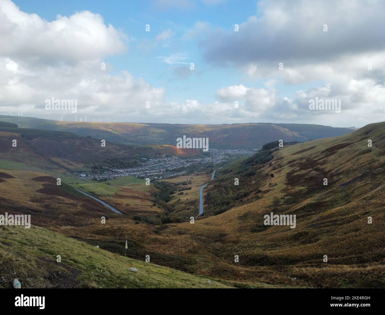 A beautiful landscape of green mountains in the town of Tonypandy in ...