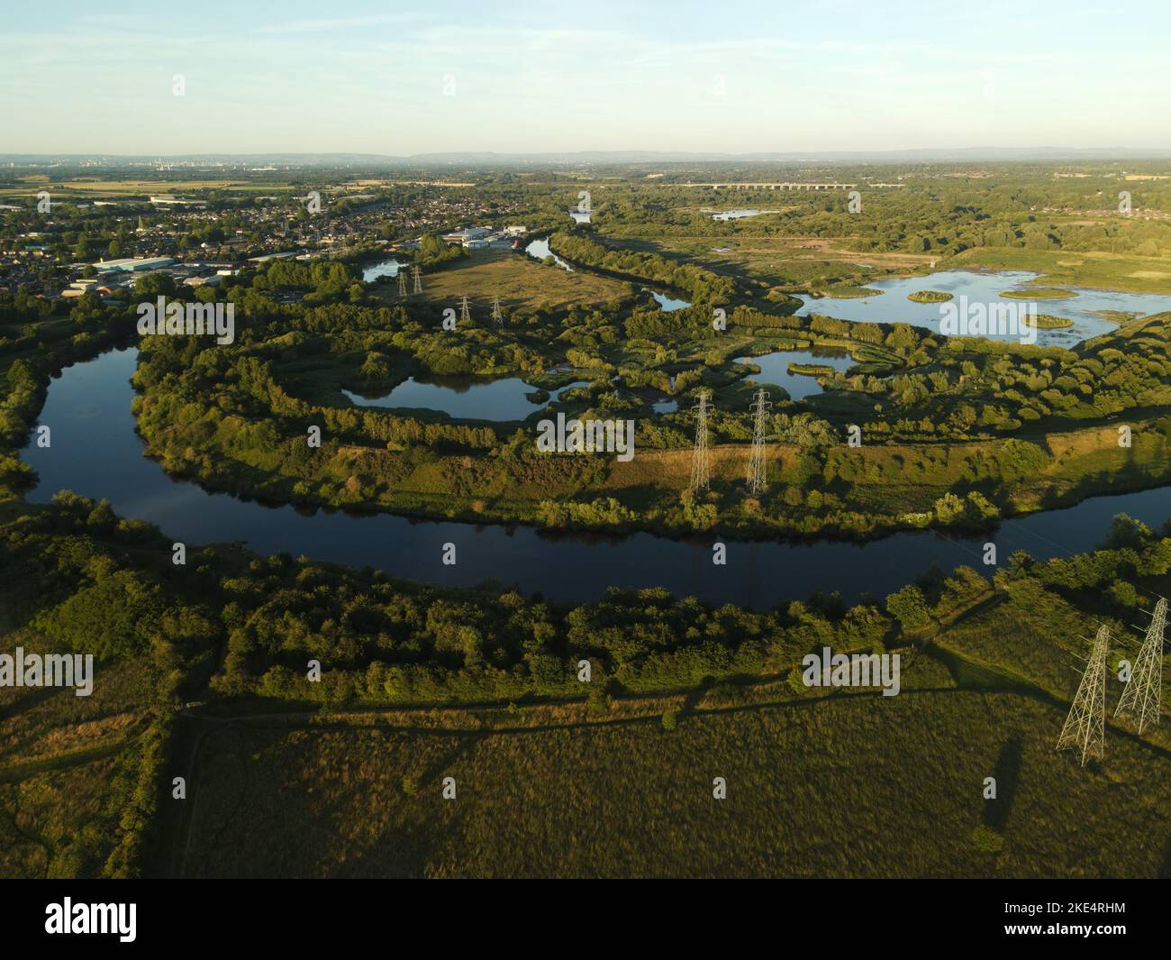 An aerial view of Woolston Eyes Nature Reserve in Warrington, England ...