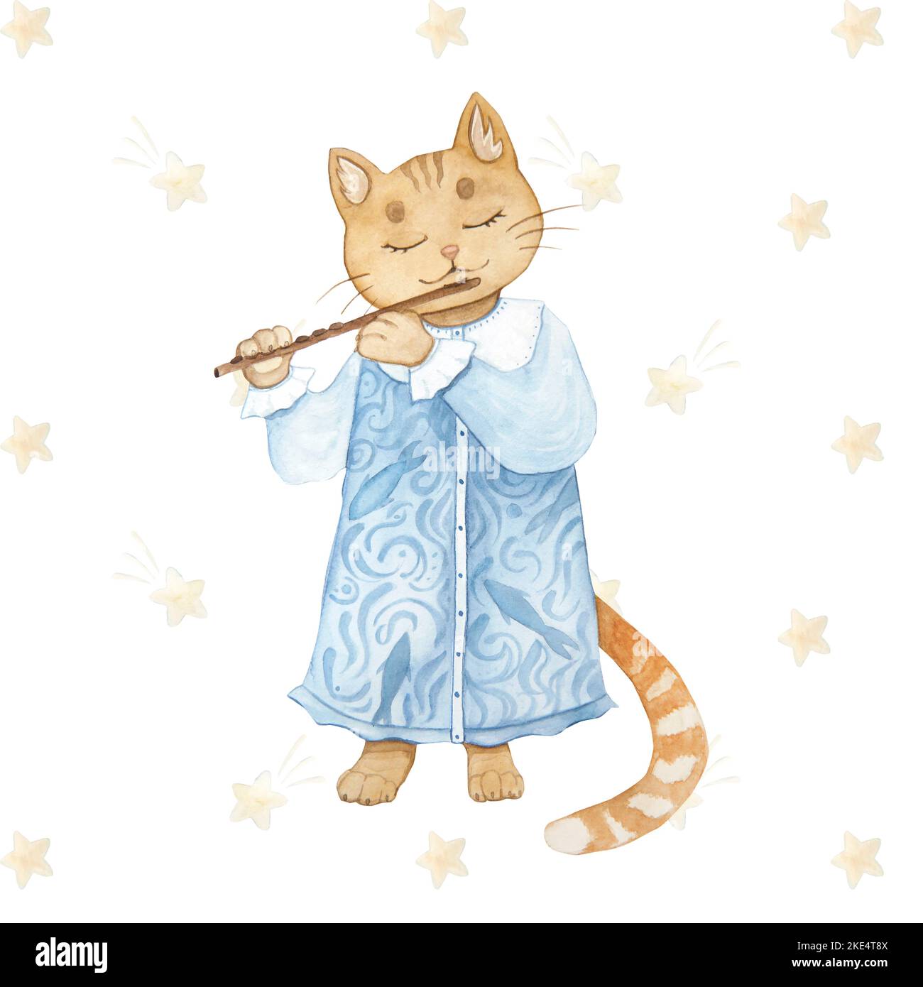 Watercolor illustration of vintage cute fairy tale cat with a flute ...