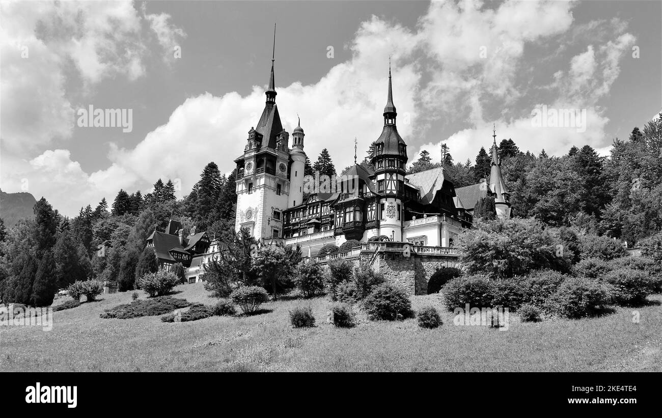 A grayscale of Peles Castle with surrounding trees in the Carpathian ...