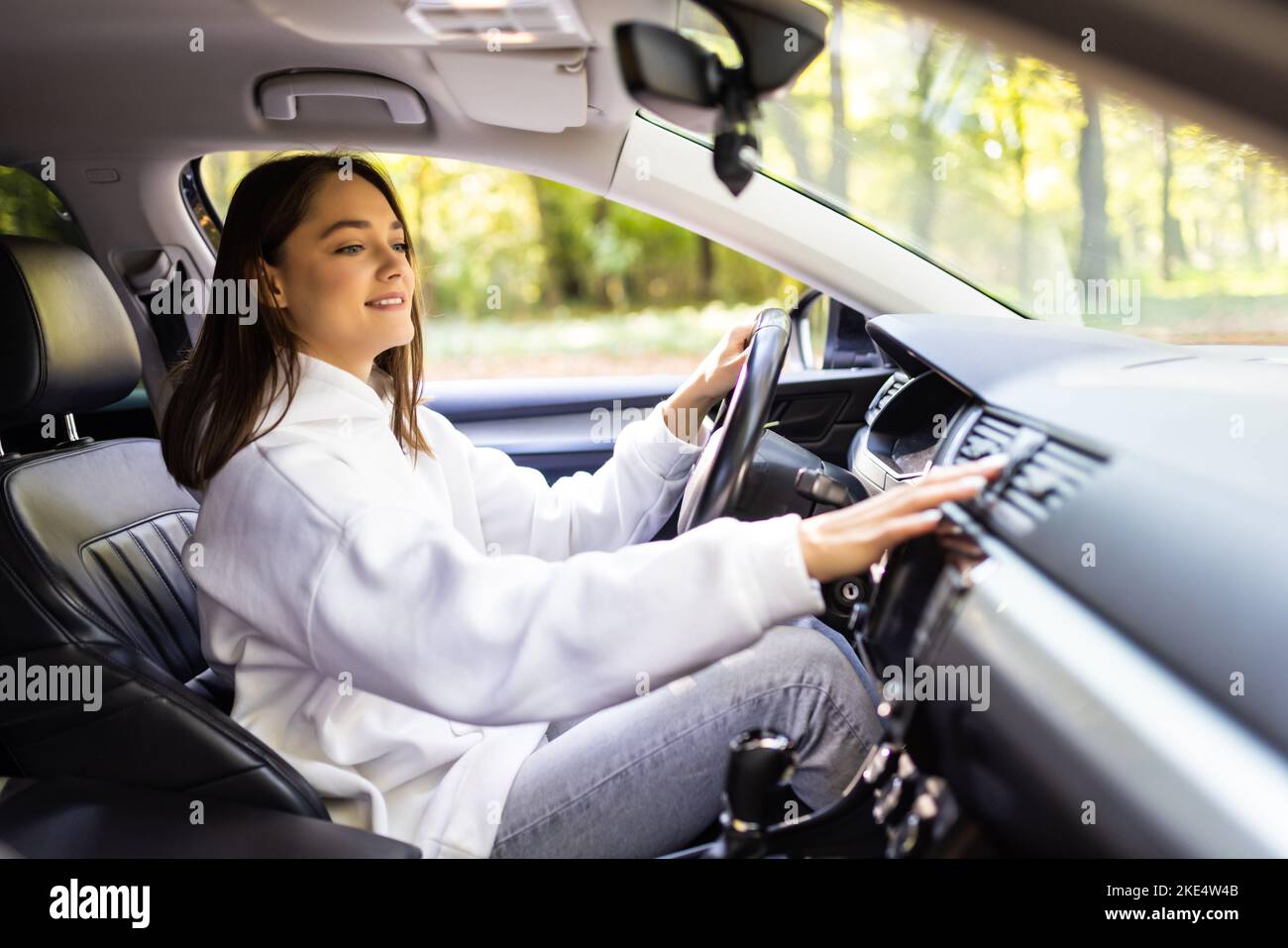 Woman finger pressing emergency button on car dashboard Stock Photo - Alamy