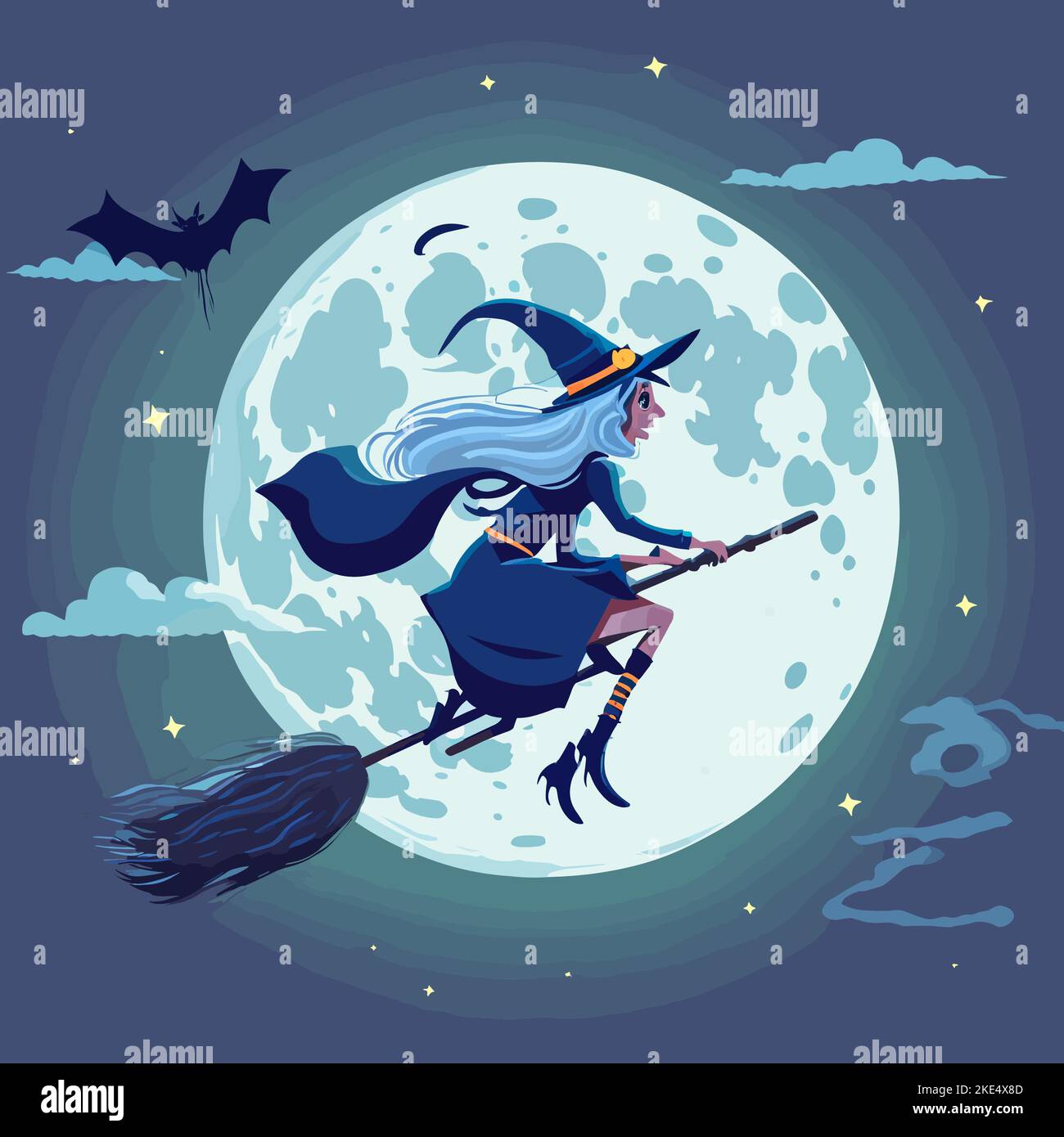 A witch flying on her broom through the night sky with the glowing moon ...