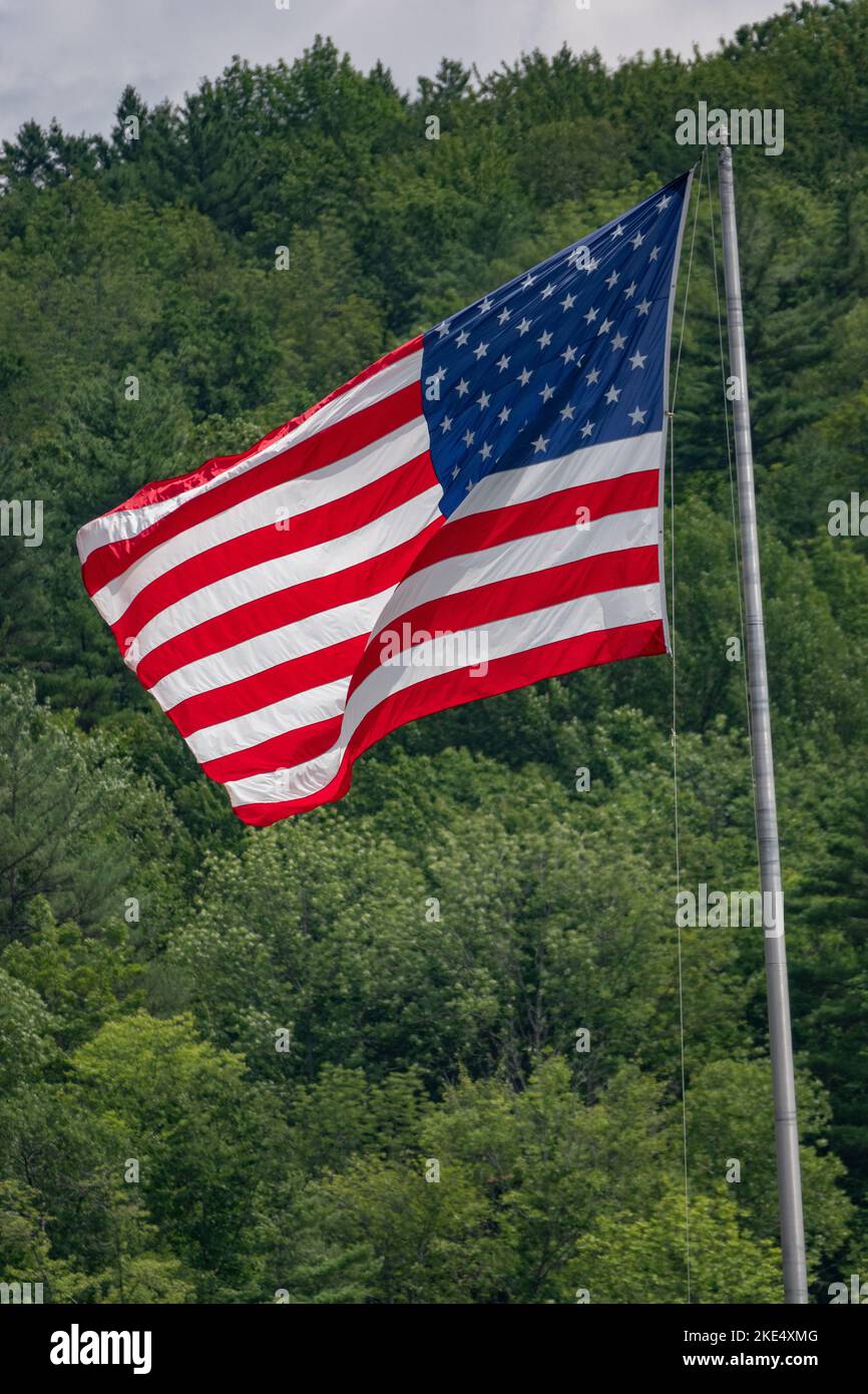 The American flag waving with green forest mountains in the mountains ...