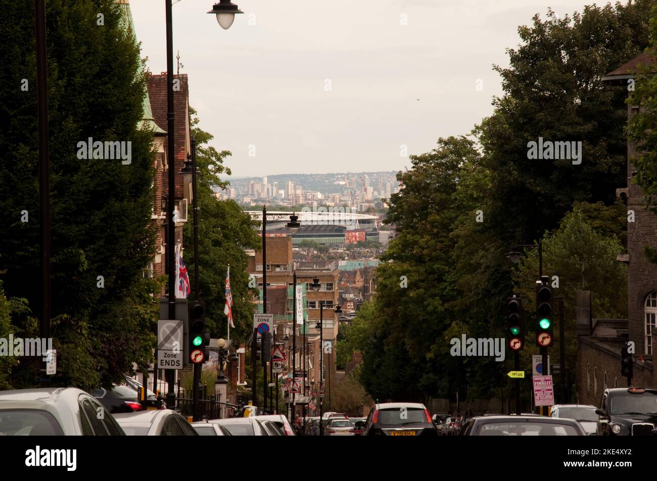 View of Highgate Hill down to the City, Highgate, London, UK. One of ...