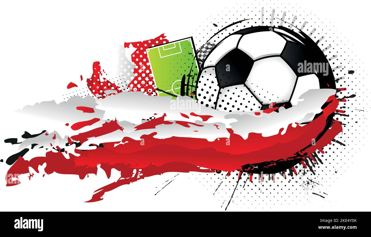 Black and white soccer ball surrounded by red and white spots forming ...