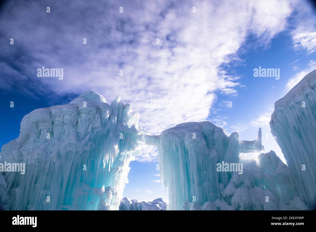 A beautiful view of huge ice formations against the blue sky with ...