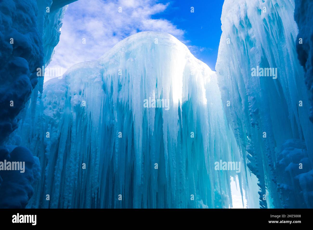 A beautiful view of huge ice formations against the blue sky with ...