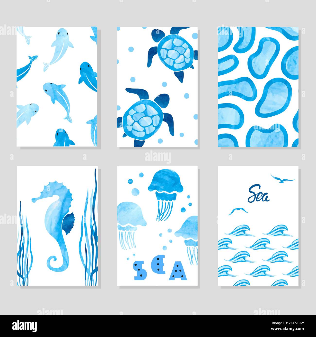 Watercolor sea cards set in blue color. Marine theme. Vector sea ...