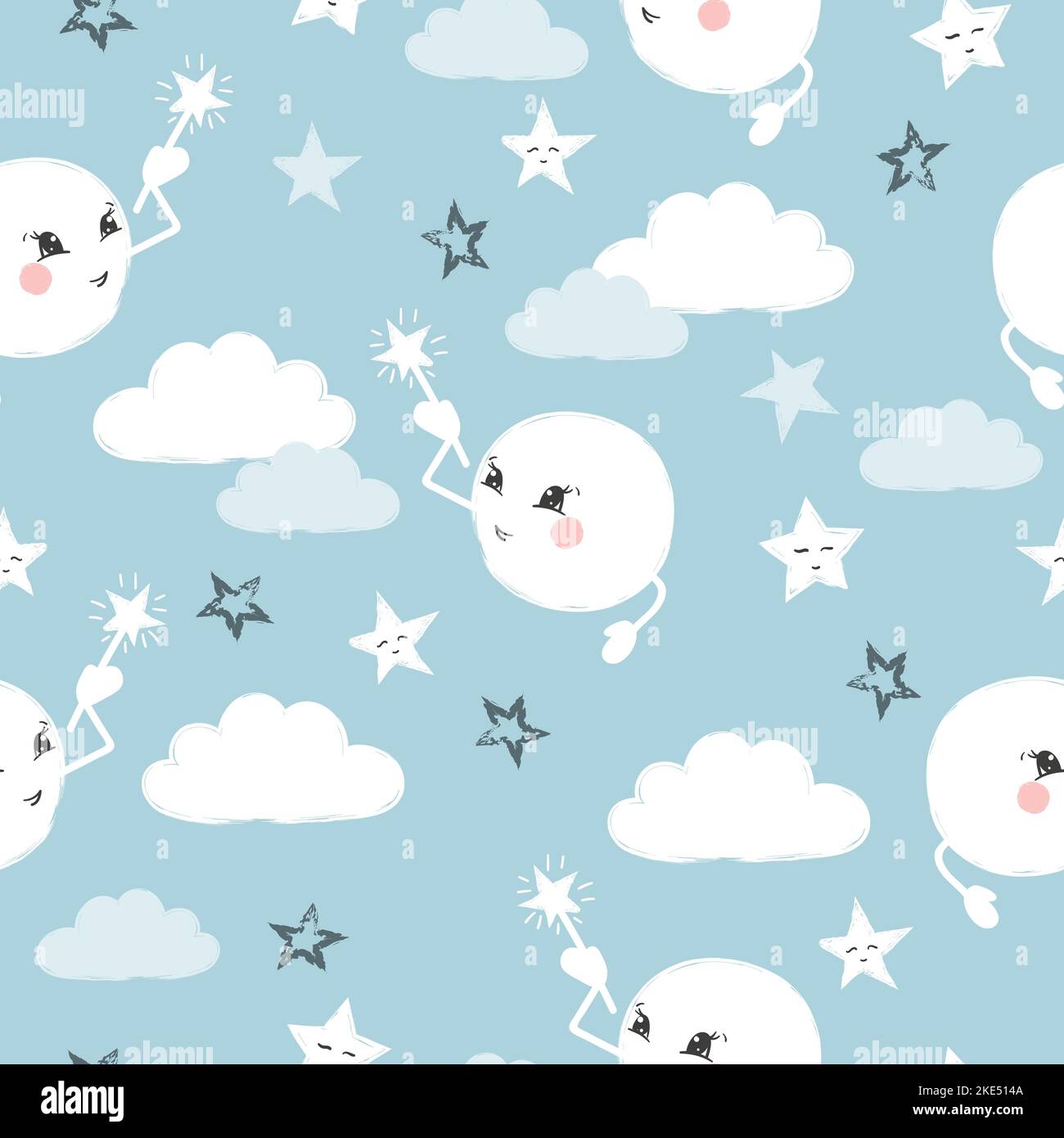 Seamless cartoon moon and stars pattern. Vector night illustration for ...