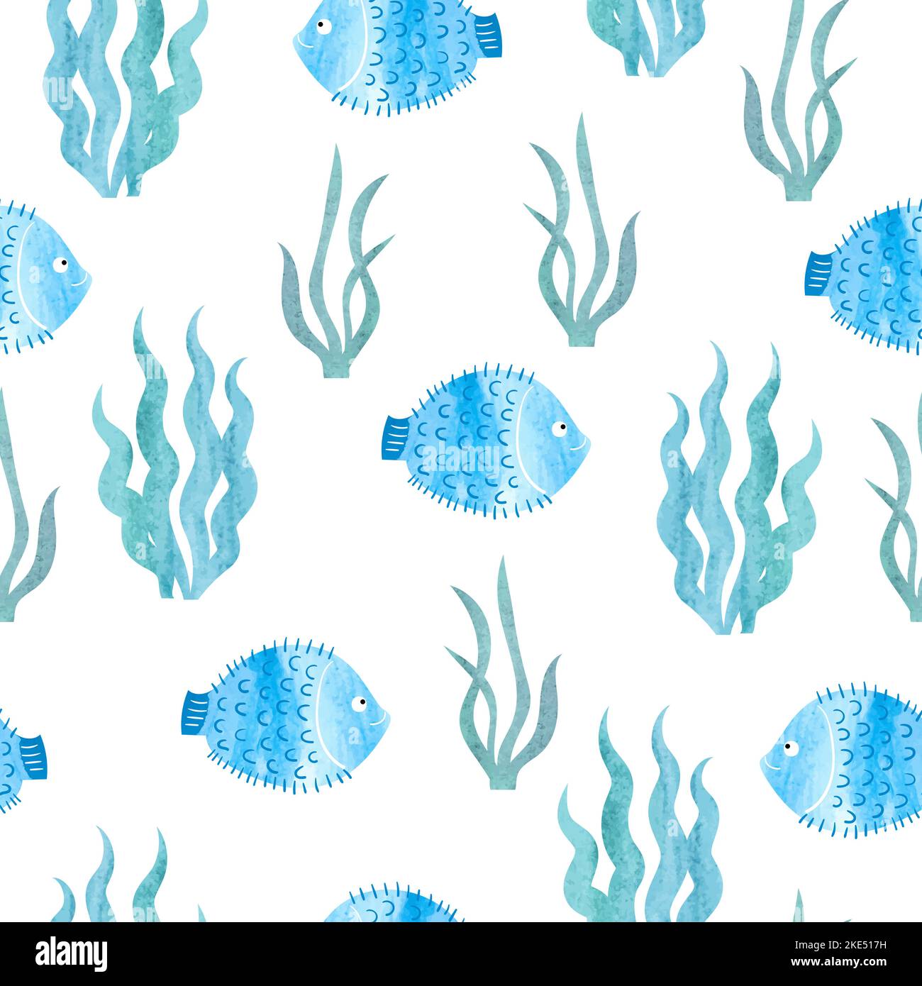 Seamless blue sea pattern with watercolor fish and seaweeds Stock ...