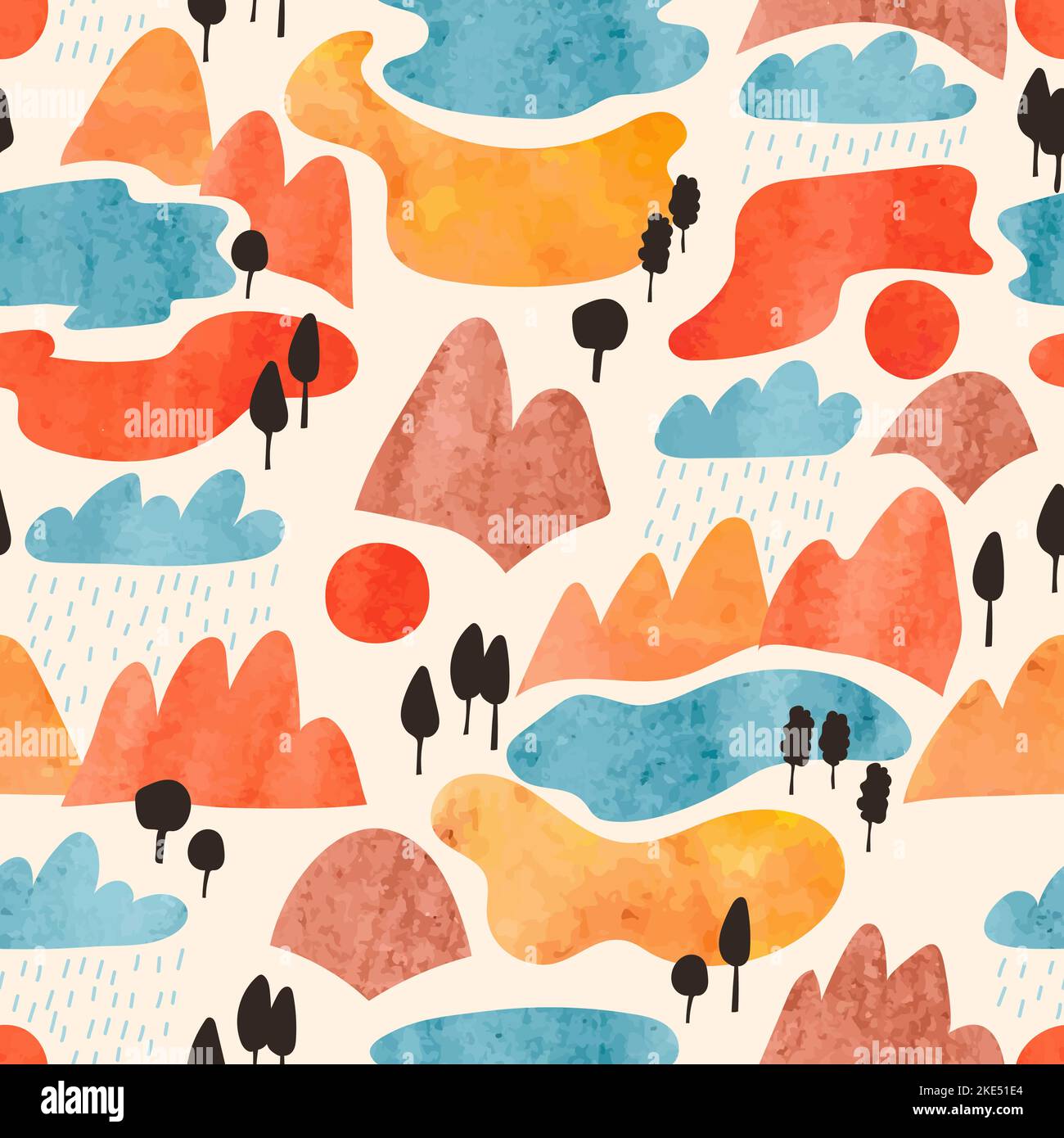 Watercolor autumn landscape with mountains, trees and lakes. Seamless ...