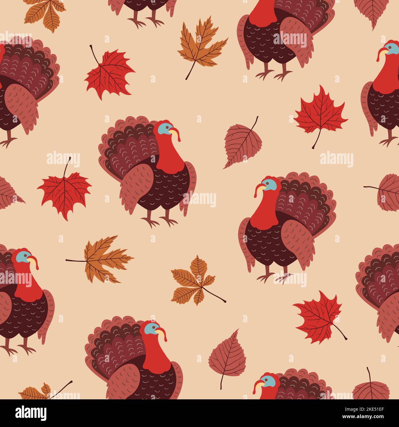 Seamless pattern with cartoon turkey bird and autumn leaves ...