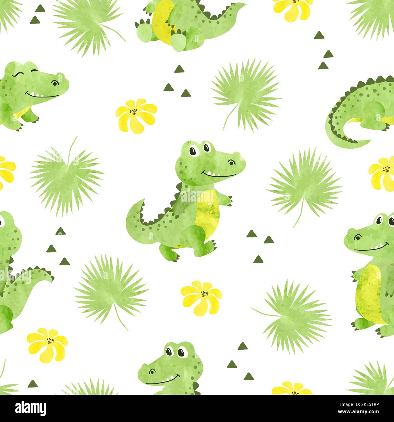 Seamless cartoon crocodiles pattern. Vector watercolor illustration ...
