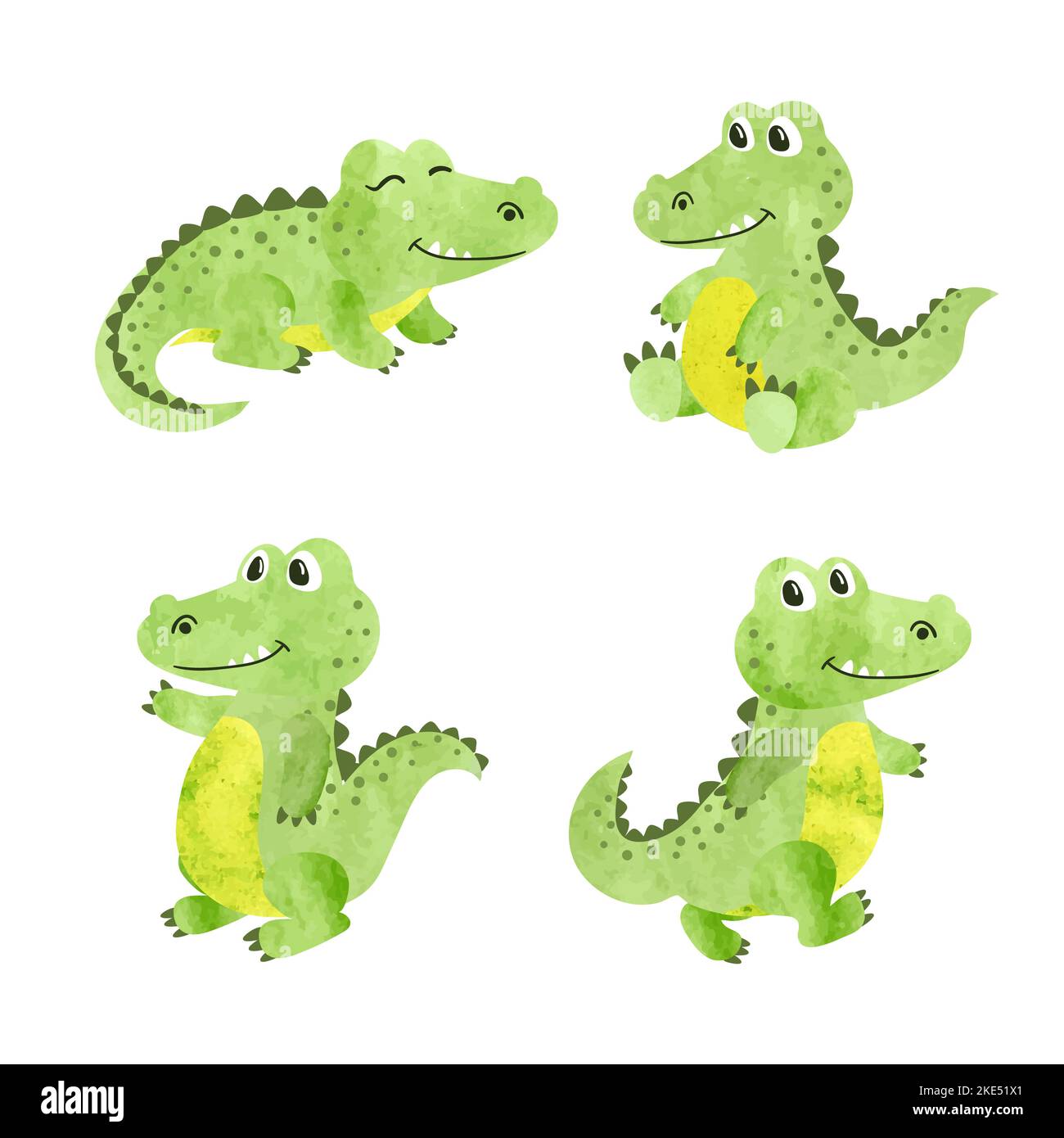 Set of watercolor cartoon crocodiles. Vector illustration of alligators ...