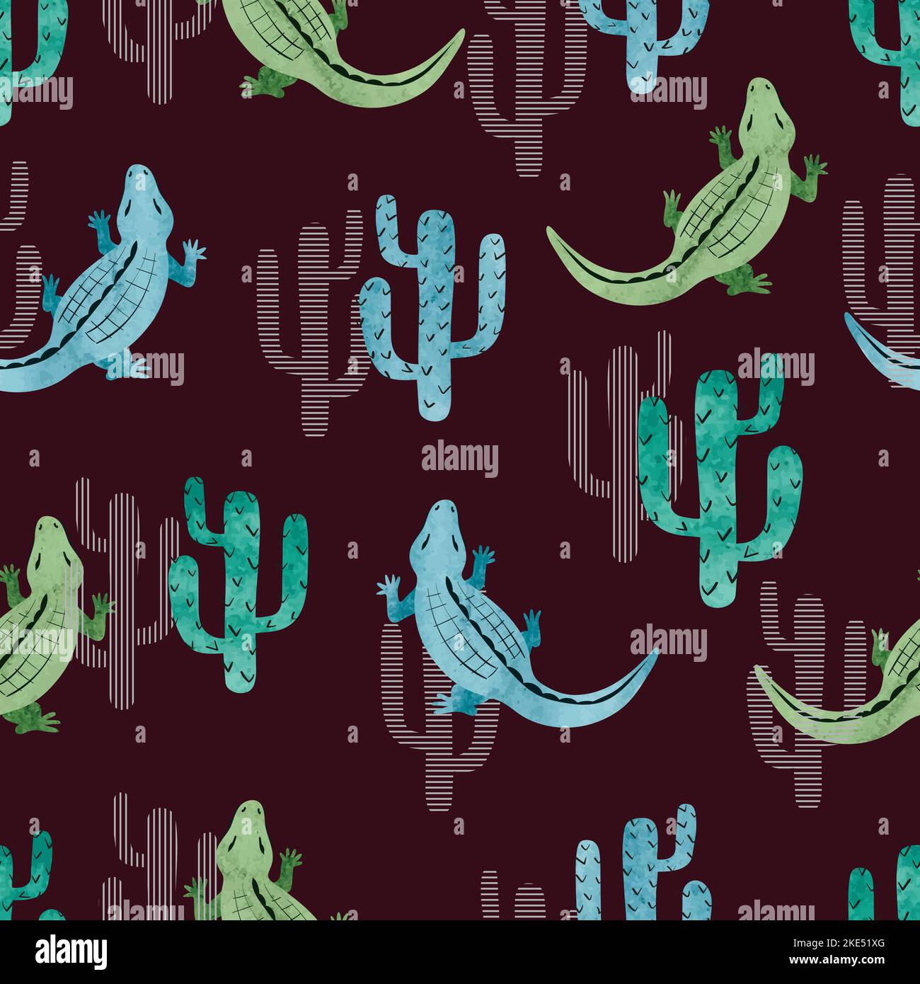 Seamless watercolor crocodile pattern. Vector background with alligator ...