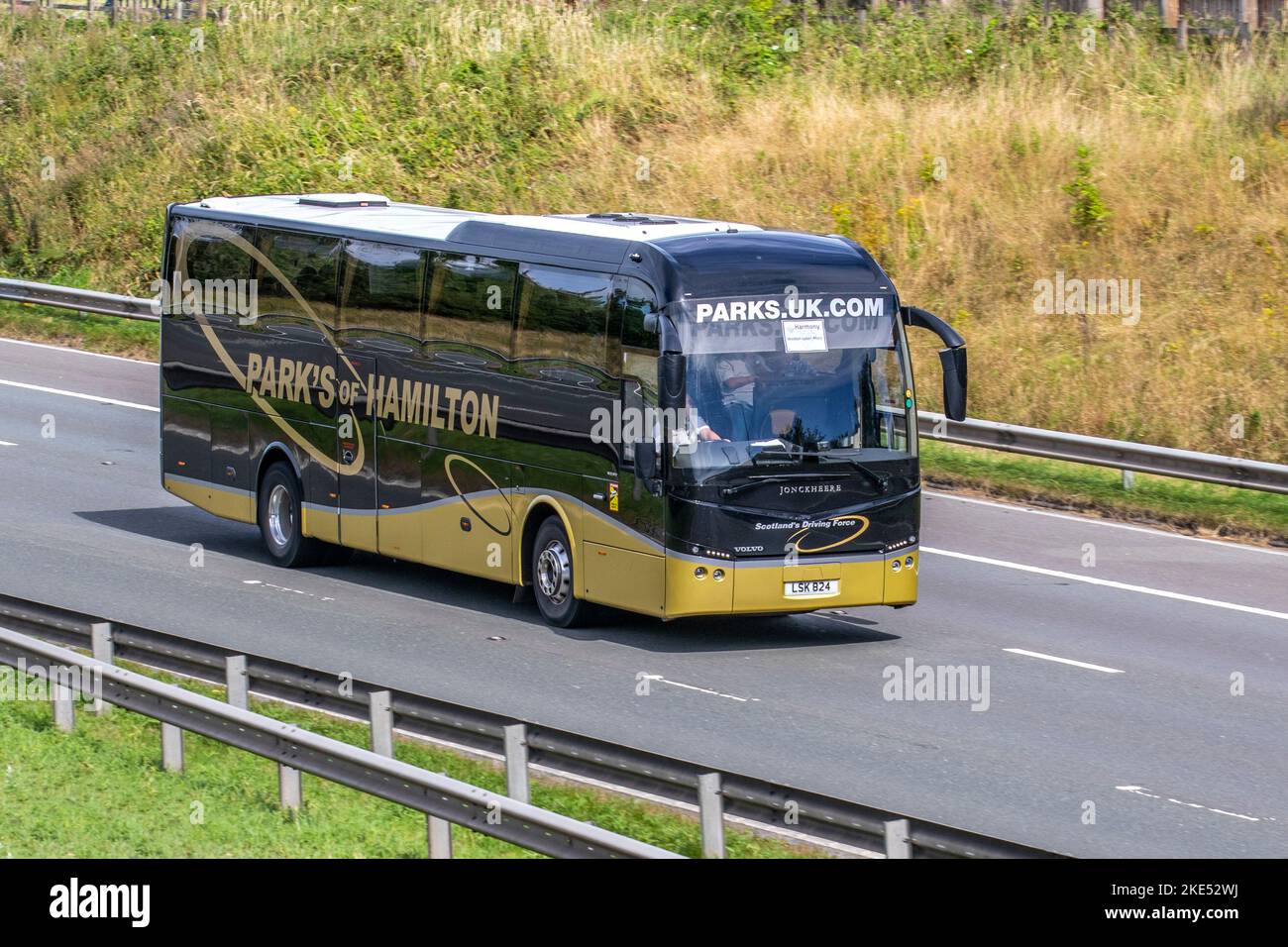 Parks of Hamilton, 2019 Volvo B11R (B11) coach travel on the M6 ...