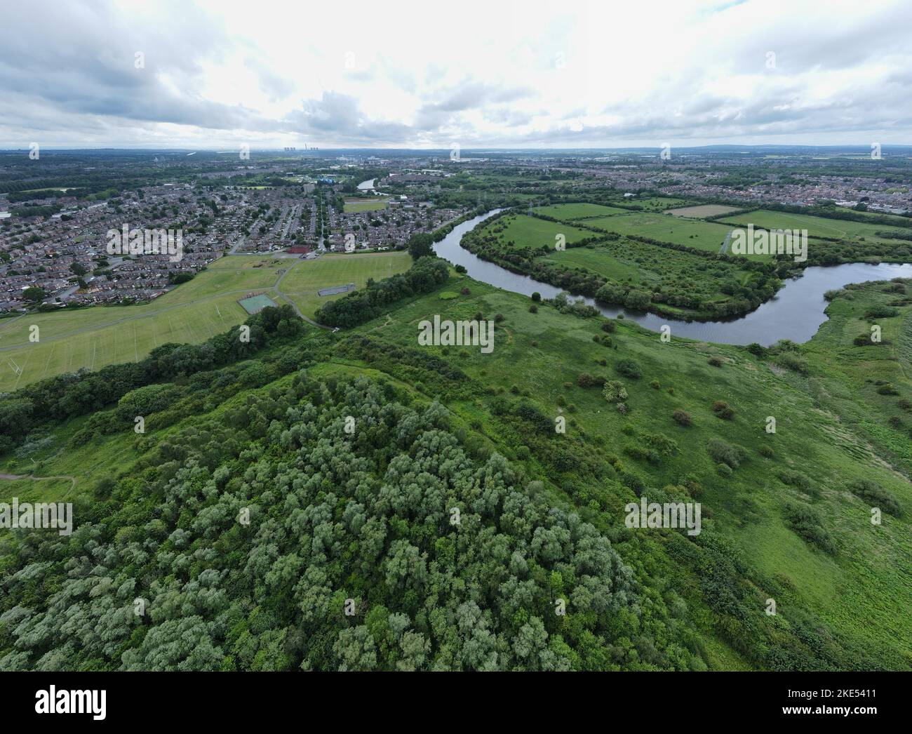 An aerial view of a meander of the River Mersey in Warrington, Cheshire ...