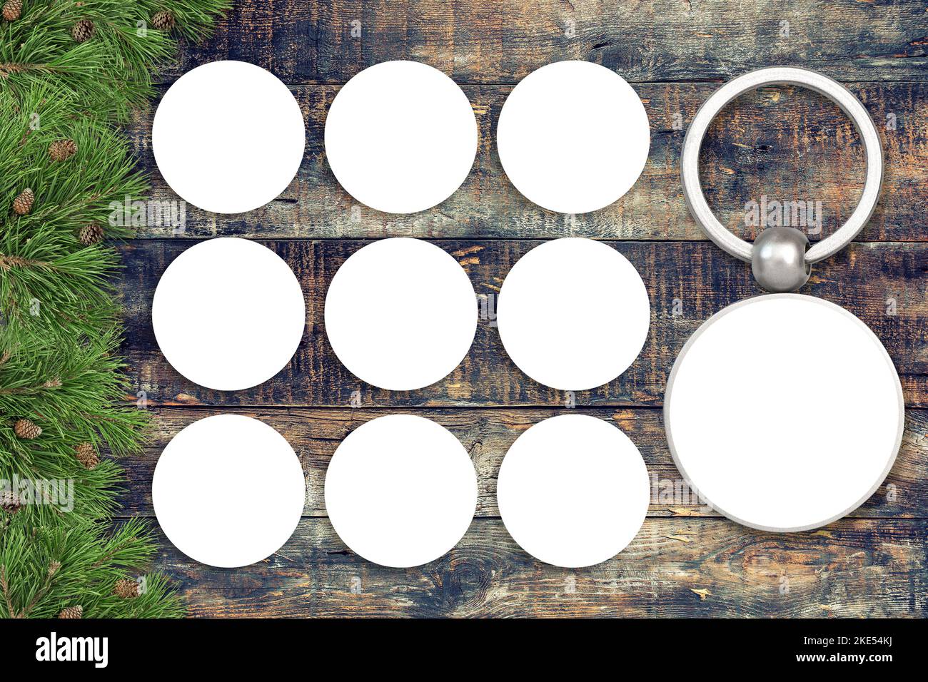 Keychain mockup Christmas decoration. Key chain wooden background Stock ...