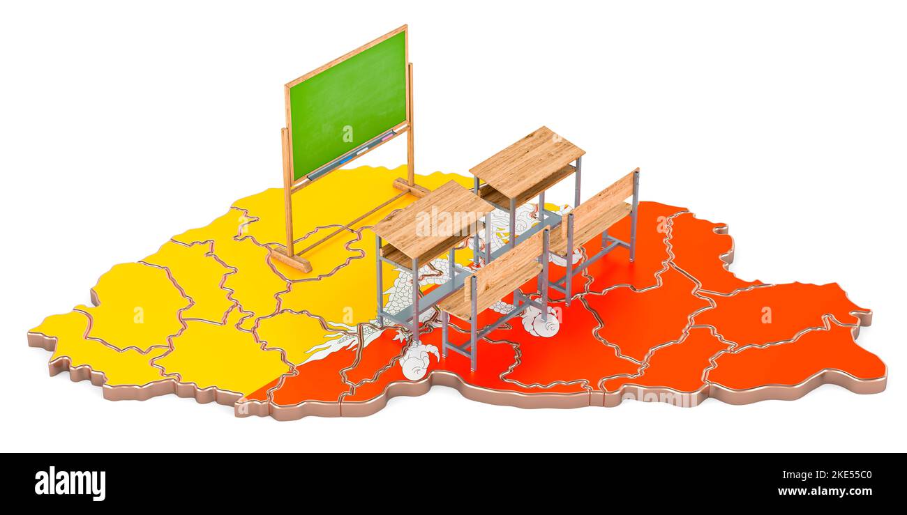 Education in Bhutan, concept. School desks and blackboard on Bhutanese ...