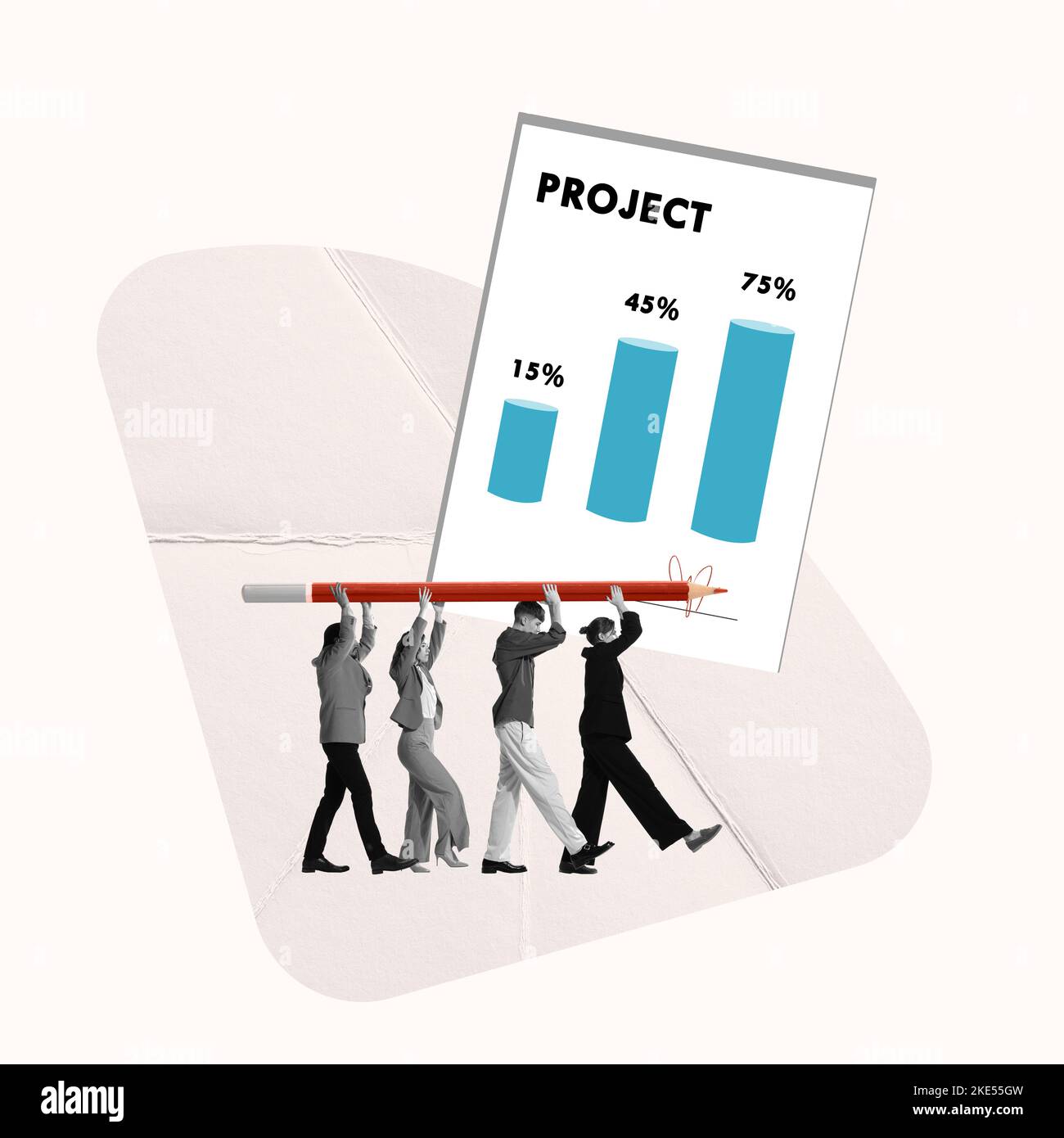 Contemporary art collage. Creative design. Group of employees carrying ...