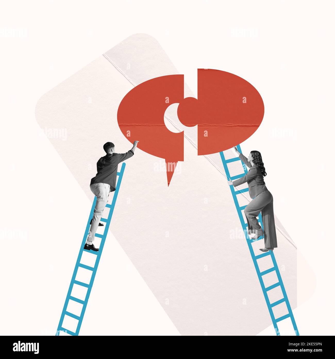 Contemporary art collage. Creative design. two employees climbing up ...