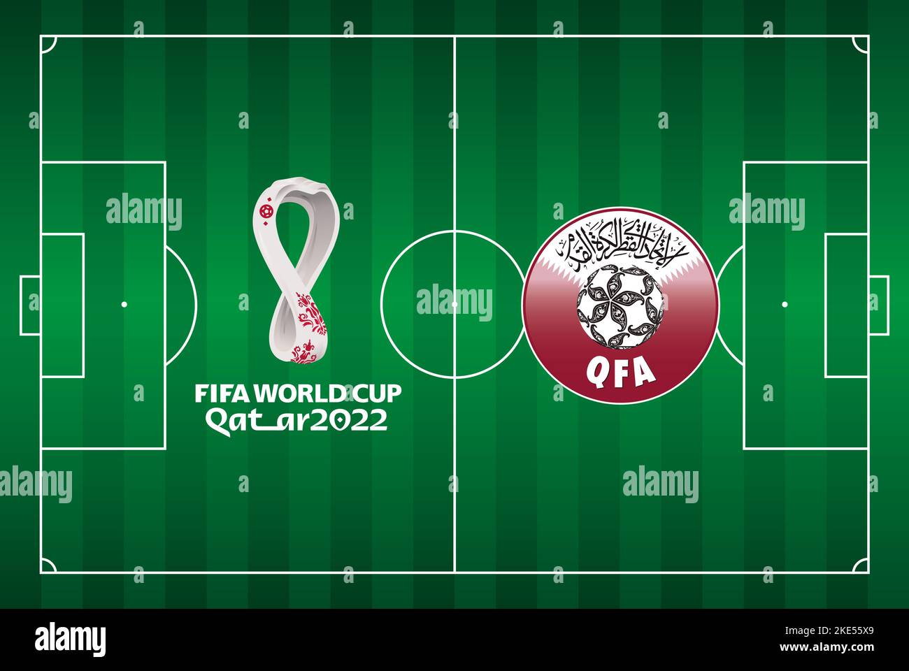 Soccer field seen from above with the emblem of the football federation ...