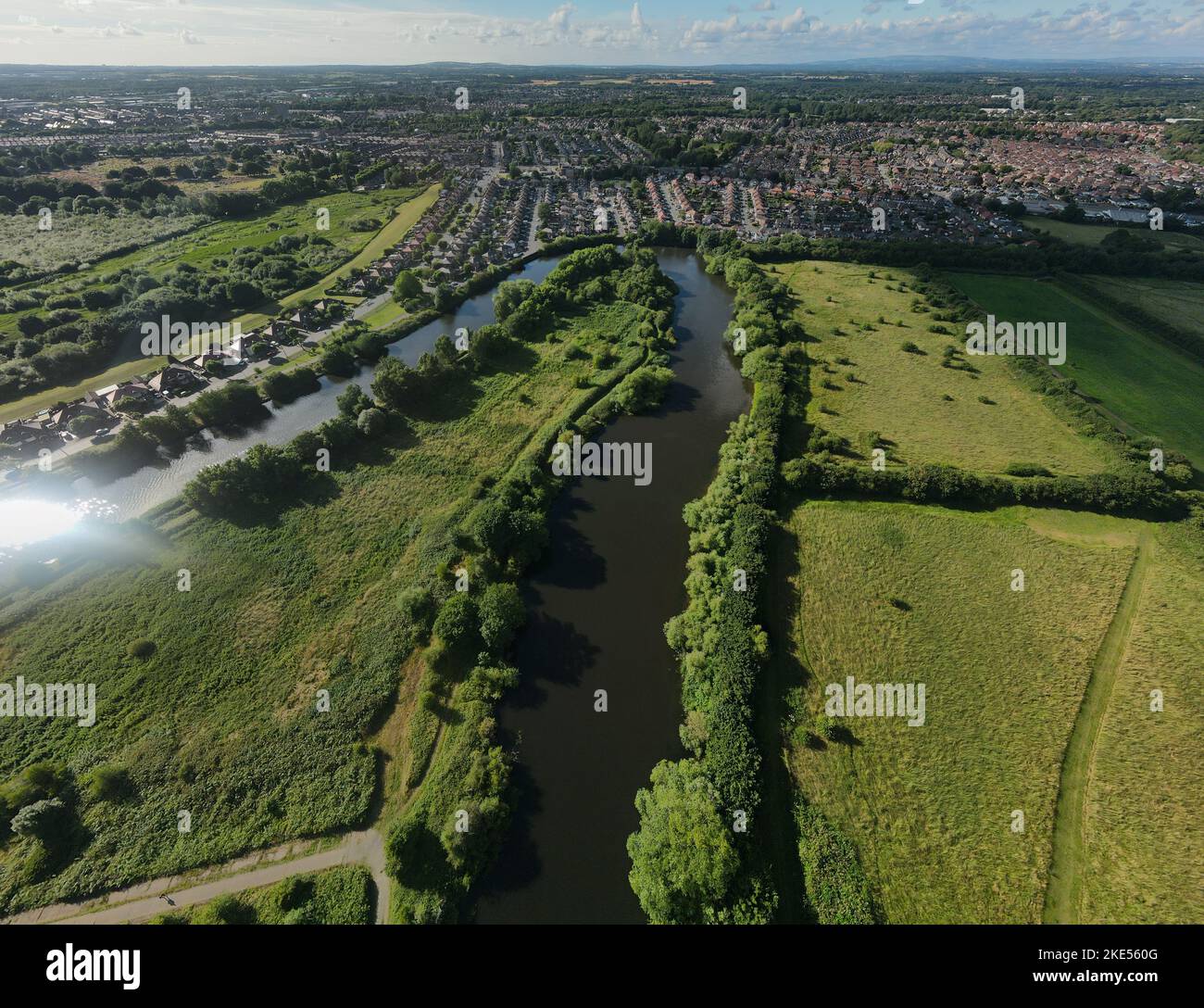 Aerial view of West Point, meadows, hairpin meander in River Mersey ...