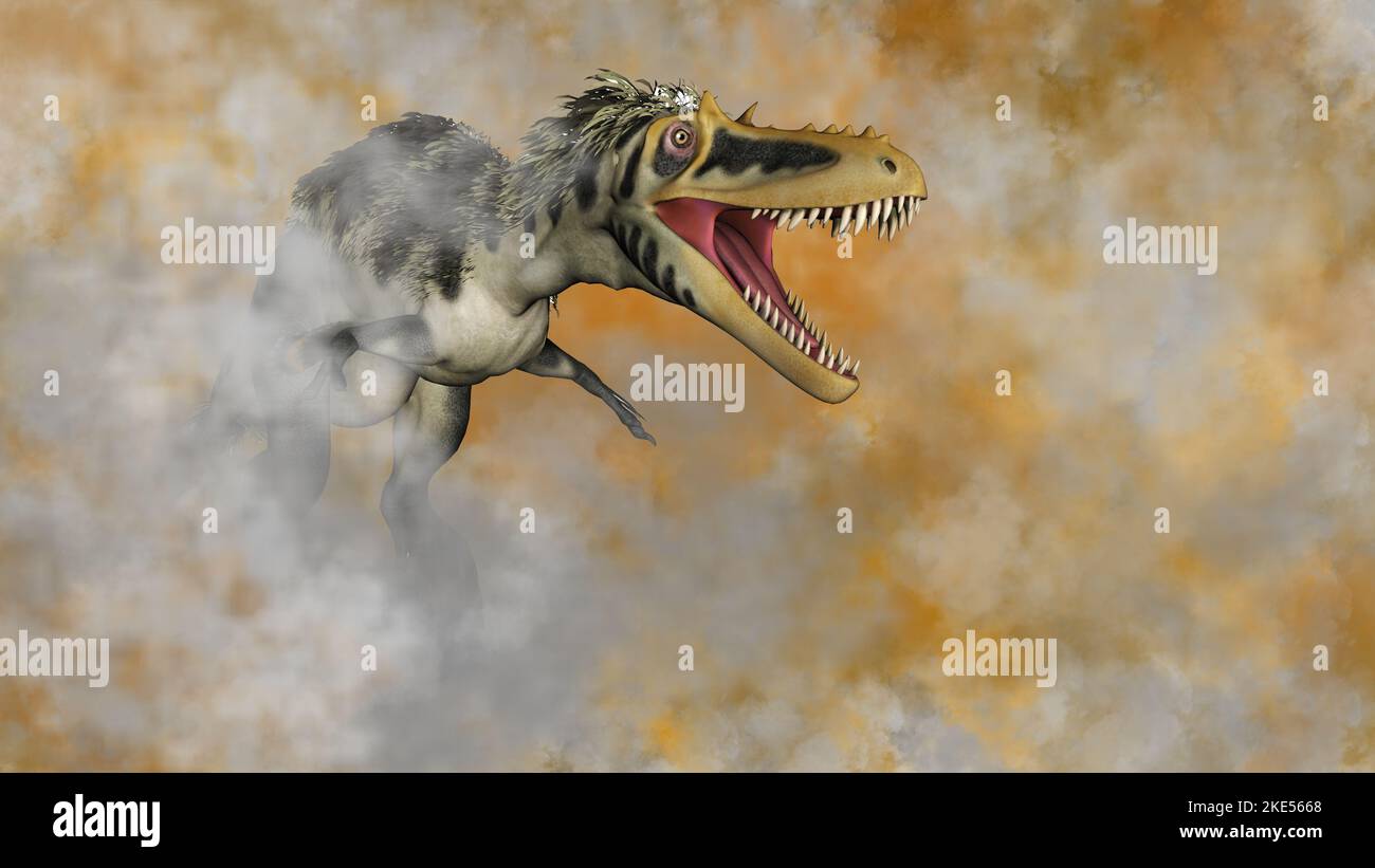 Alioramus dinosaur roaring in colorful fog background - 3D render Stock ...