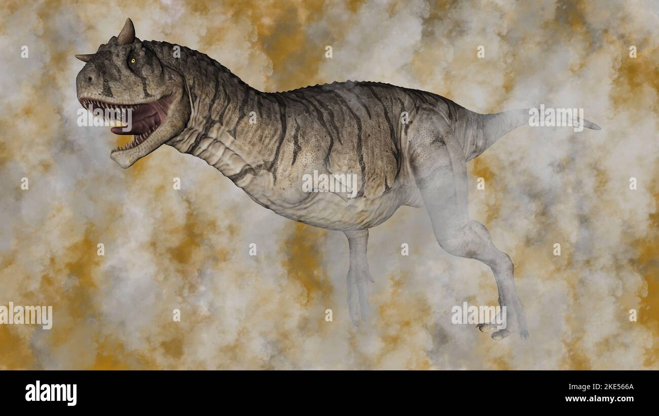 Carnotaurus dinosaur running and roaring in a colorful fog background ...