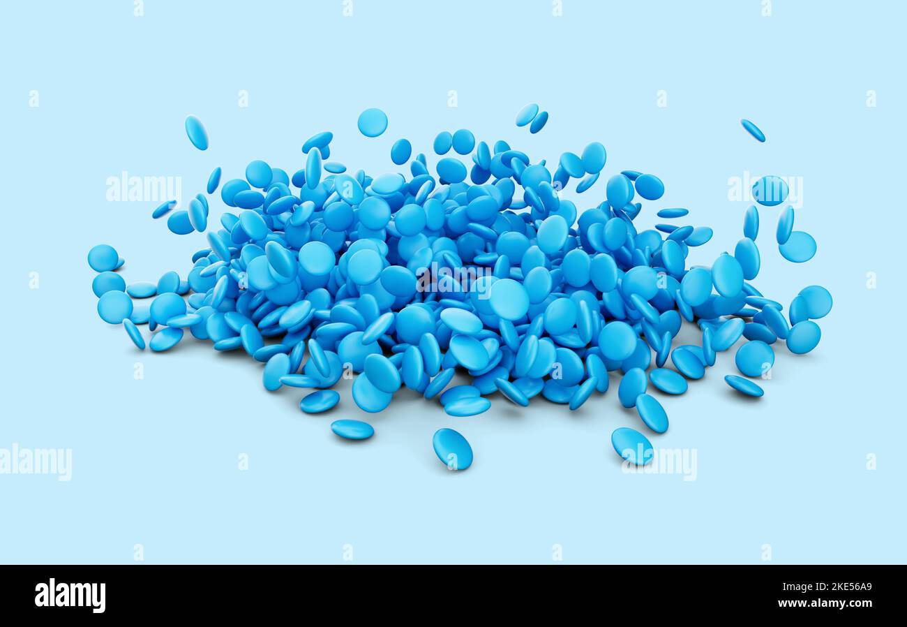 A 3d illustration of blue chocolate candy gems on a pastel blue ...