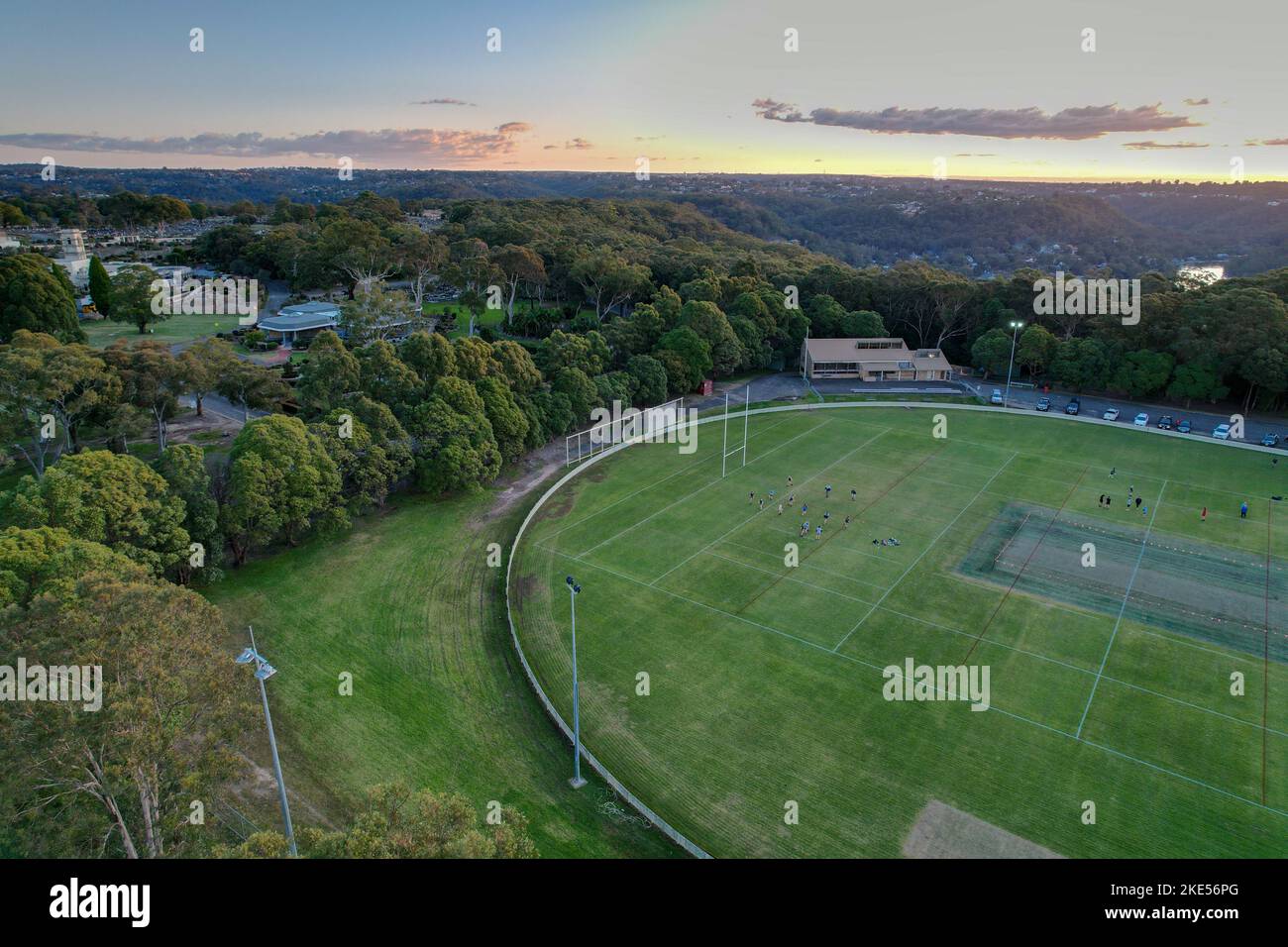 An aerial view of sporting ground, Sutherland Oval at dusk. Sydney, NSW ...
