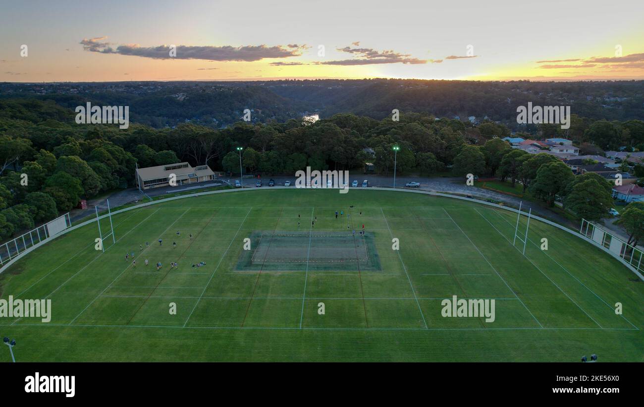 An aerial view of sporting ground, Sutherland Oval at dusk. Sydney, NSW ...