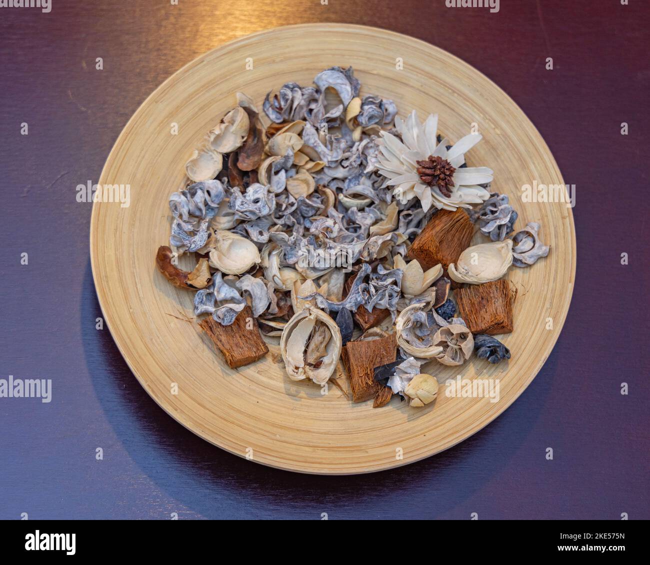 Dried Potpourri at Bamboo Plate Top View Stock Photo - Alamy