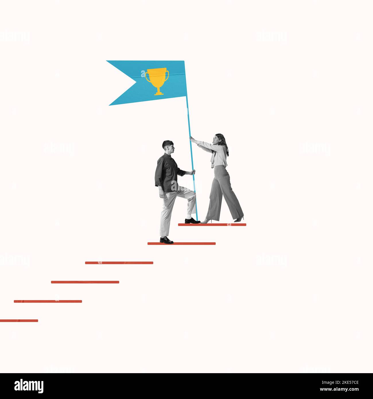 Contemporary art collage. Creative design. Young employees walking ...