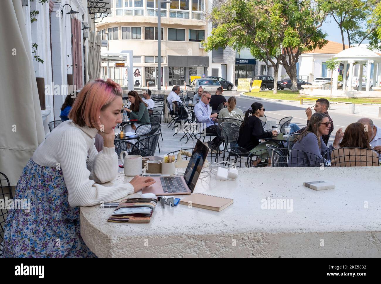 Cafe's in Martiou 25 street, Paphos old town, Cyprus Stock Photo - Alamy