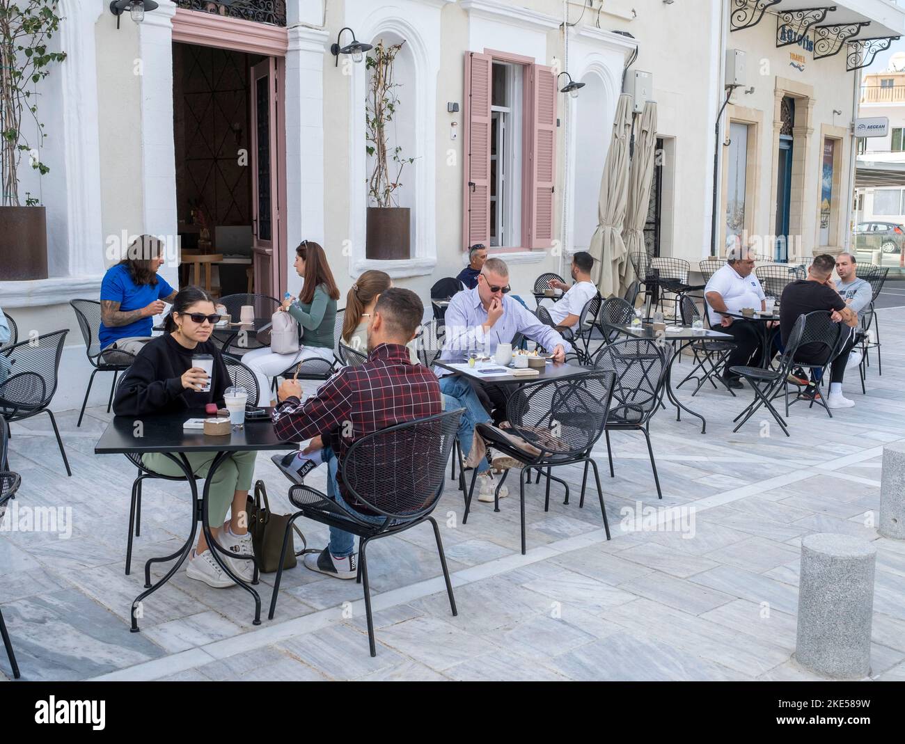 Cafe's in Martiou 25 street, Paphos old town, Cyprus Stock Photo - Alamy