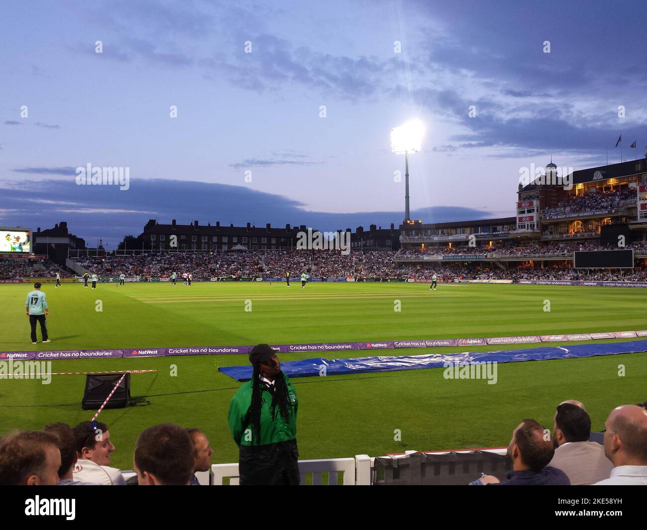 Cricket under the floodlights at the Oval, as the sun fades into the ...