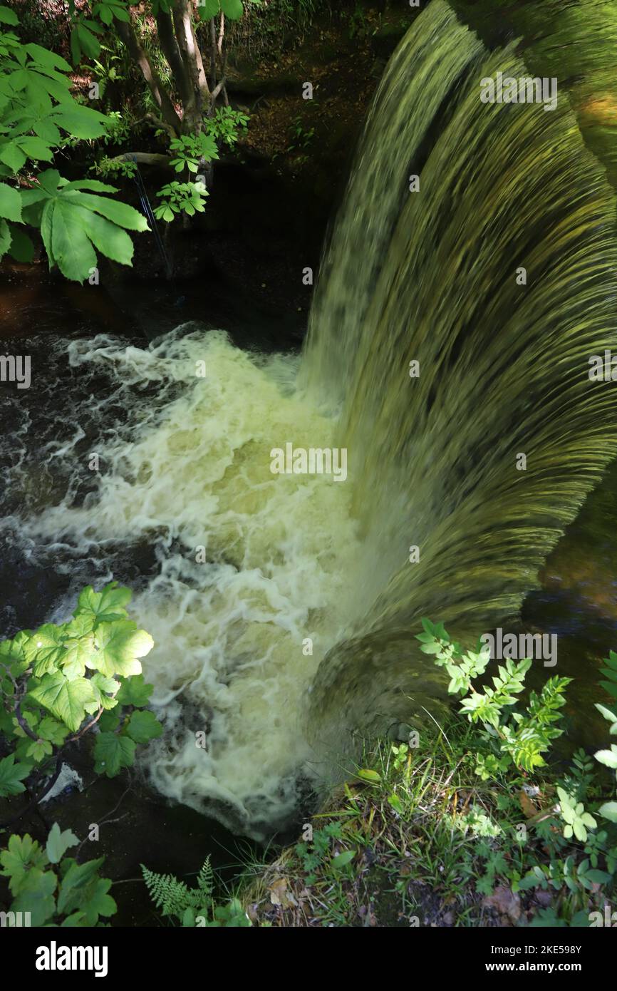A vertical shot of a waterfall in Plas Power Park in The United ...