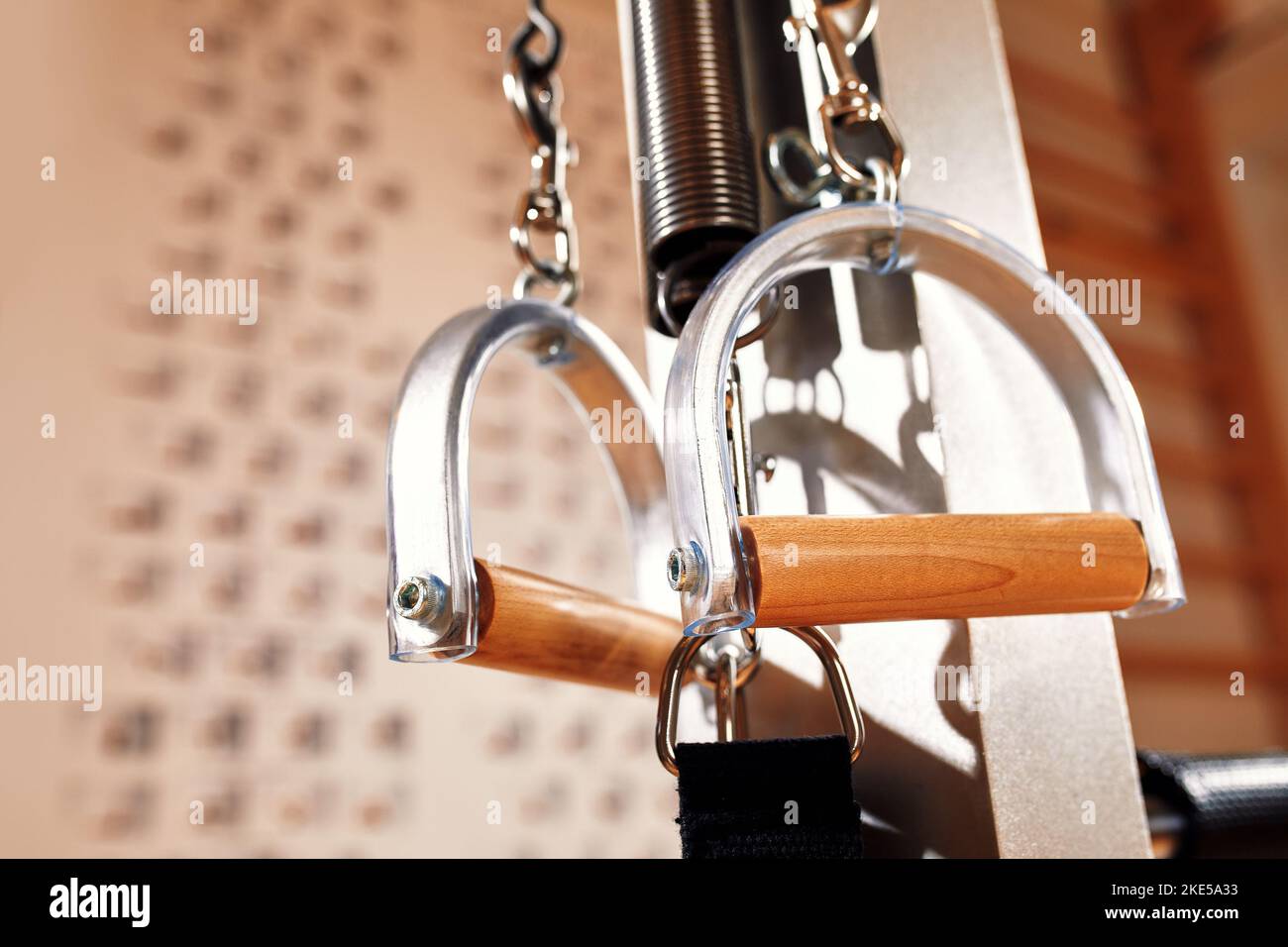 Close-up view of pilates cadillac machine or cadillac reformer with ...