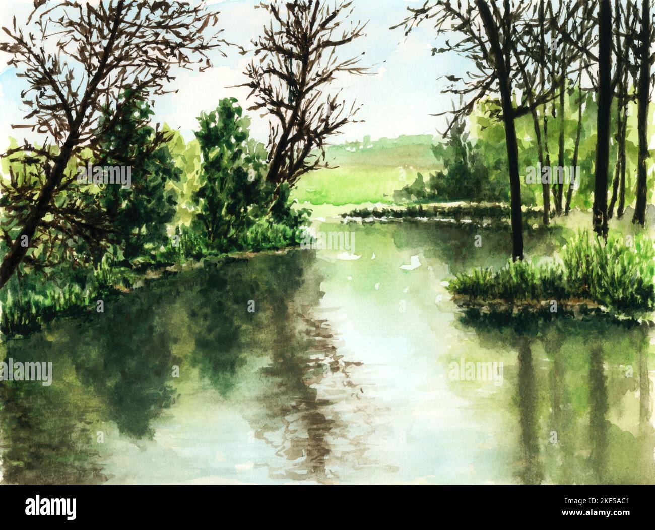 Small river meander. Watercolor on paper Stock Photo - Alamy