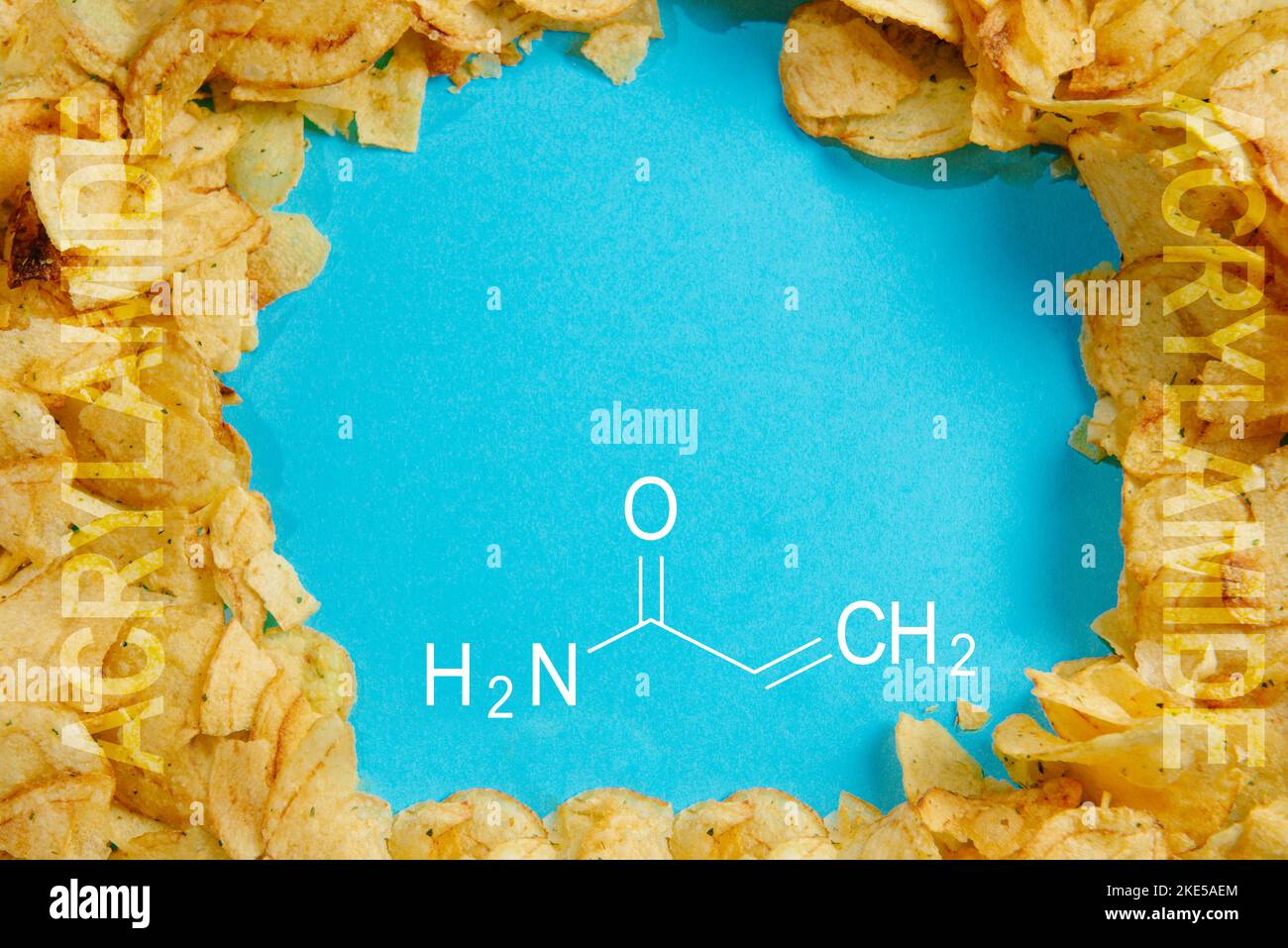Acrylamide in food. Chips snack food and chemical formula of acrylamide ...